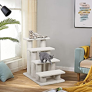 Tangkula Pet Stairs for Cats and Dogs, 4-Step Carpeted Ladder Ramp Cat Climber Cat Scratching Post, Multi-Step Dog Stairs for High Beds, Couch (Grayish White)