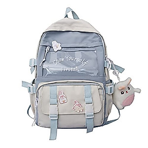 MEOKIM Kawaii backpack student schoolbag large-capacity tooling style backpack stitching cute girl campus backpack(Blue)