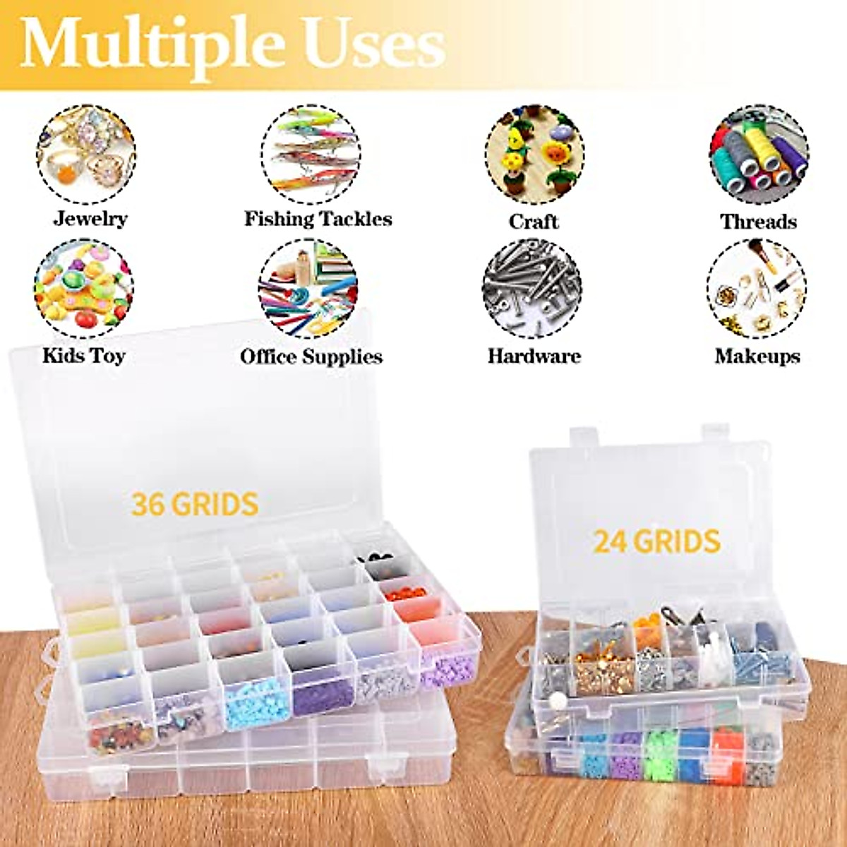 2 Pack 36 Grids Clear Plastic Organizer Box, Storage Container with Adjustable Divider, Craft Organizers and Storage Bead Storage Organizer Box for DIY Jewelry Tackles with 2 Sheets Label Stickers