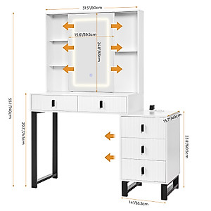 ANWBROAD Makeup Vanity Desk with Mirror and Lights White Vanity with Power Outlet Modern Dressing Table with 3 Lighting Modes Brightness Adjustable Sliding Mirror 5 Drawers Shelves Bedroom UBDT62W