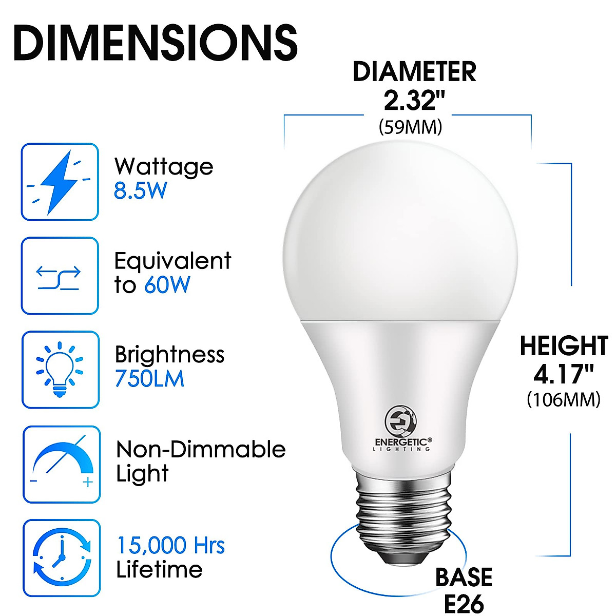 Energetic A19 LED Bulb 60W Equivalent, 3000K Warm White LED Light Bulbs, E26 Standard Base, 750LM, Non-Dimmable, UL Listed, 12 Pack