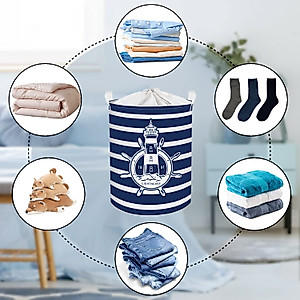 Clastyle 45L Nautical Compass Laundry Hamper Waterproof Collapsible Navy Stripe Laundry Baskets with Drawstring Bedroom Living Room Nursery Storage Basket with Handle, 14 * 17.7 in