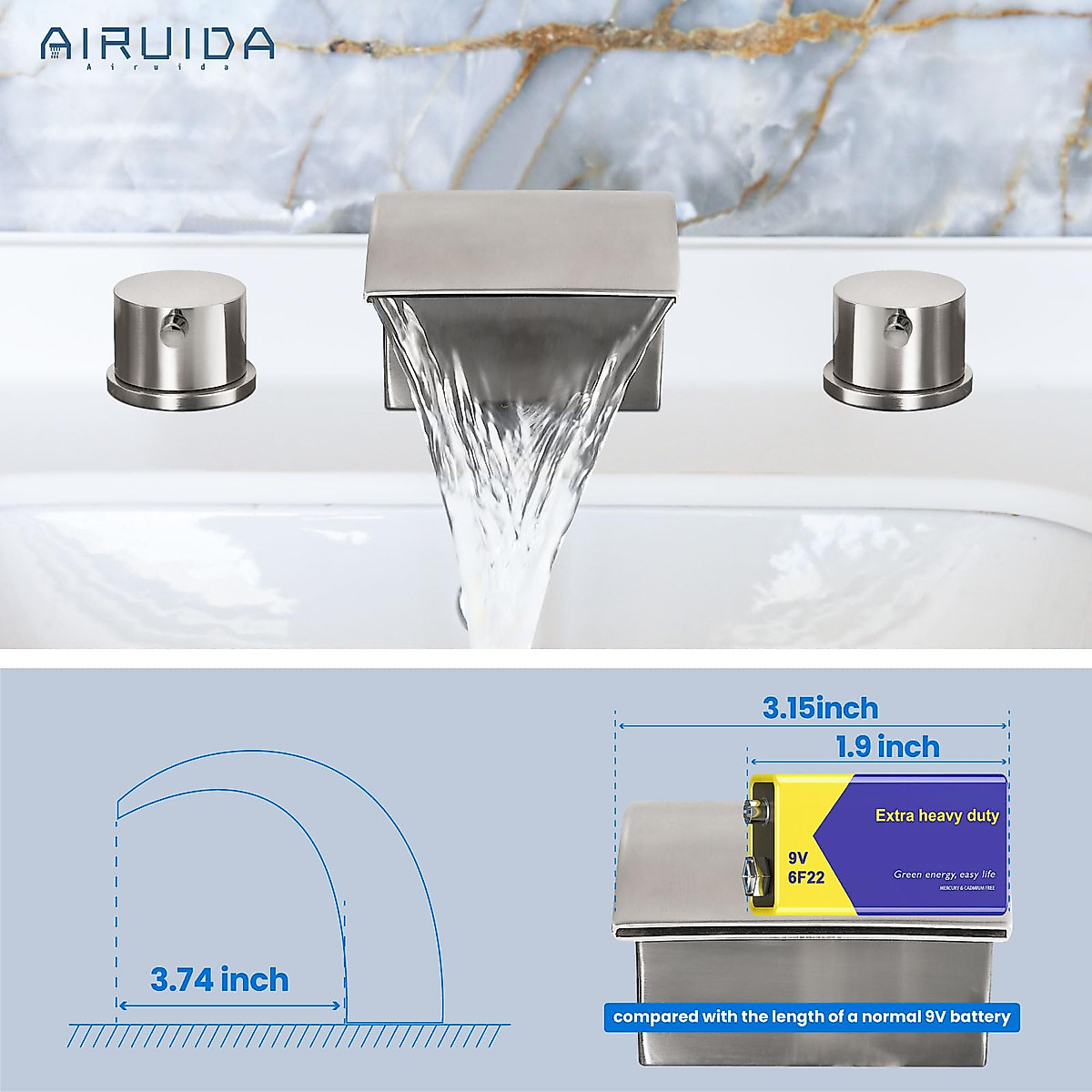 Airuida Widespread Waterfall Bathroom Sink Faucet, Brushed Nickel 8 Inch Widespread Bathroom Faucet with Pop Up Drain, 8 Inch 2-Handle 3 Holes Lavatory Vanity Sink Faucet with Quick Install Pipe