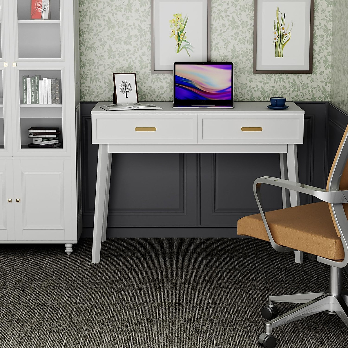 White Home Office Desk with Drawers Storage, Computer Writing Desk with Polished Gold Handle