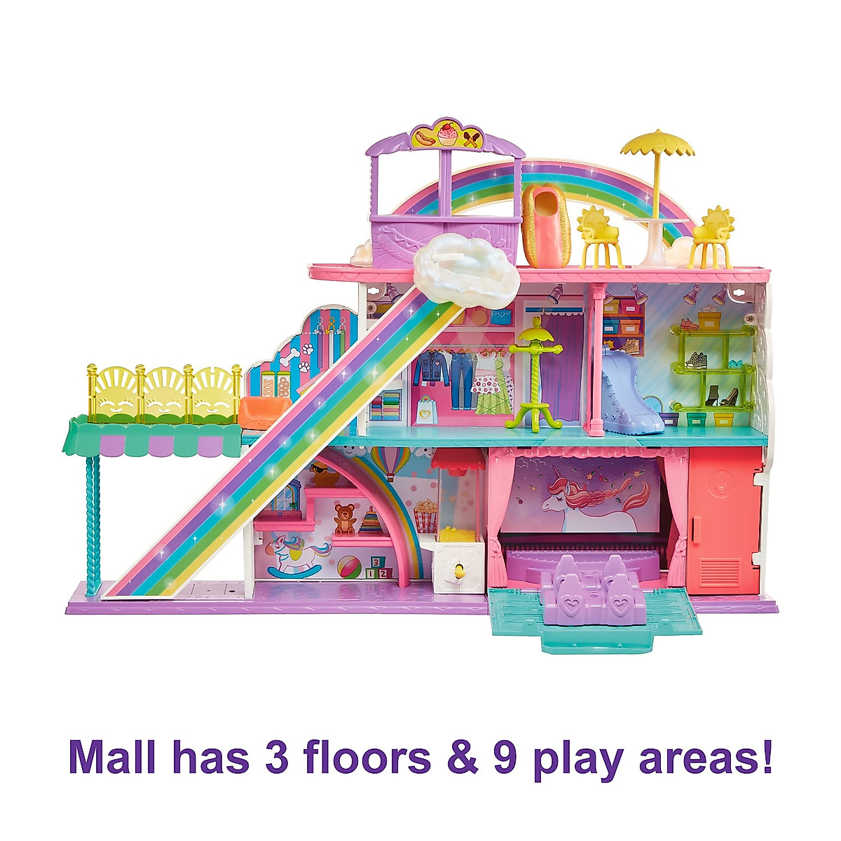 Polly Pocket Sweet Adventures Rainbow Mall, 3 Floors, 9 Play Areas, 35+ Accessories Including 3-inch Polly Doll, Great Gift Ages 4 Years Old & Up