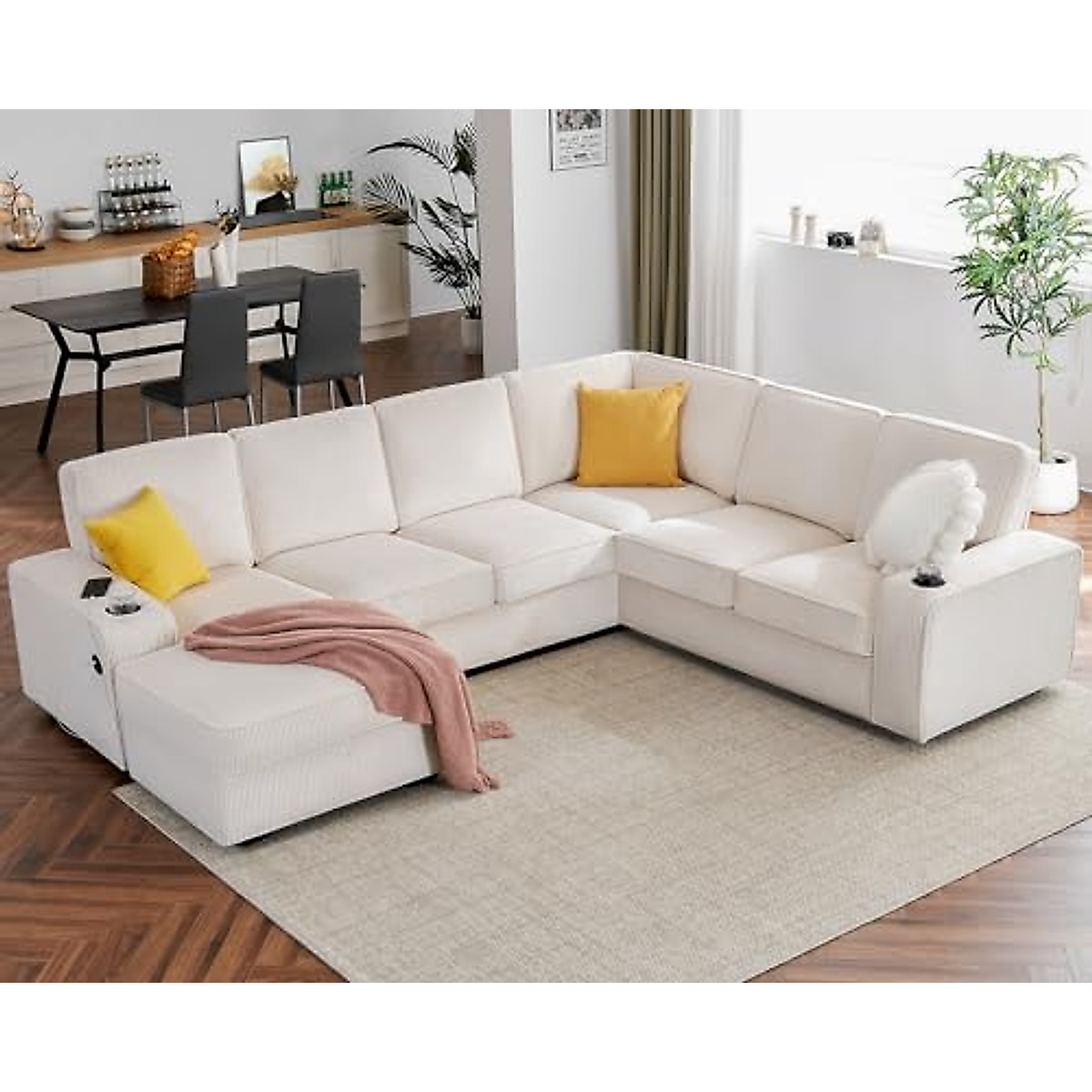 PaPaJet U Shaped Sofa, 7 Seater Sofa with USB Ports, Sectional Sofa Couch with Storage Chaise, Corduroy Beige