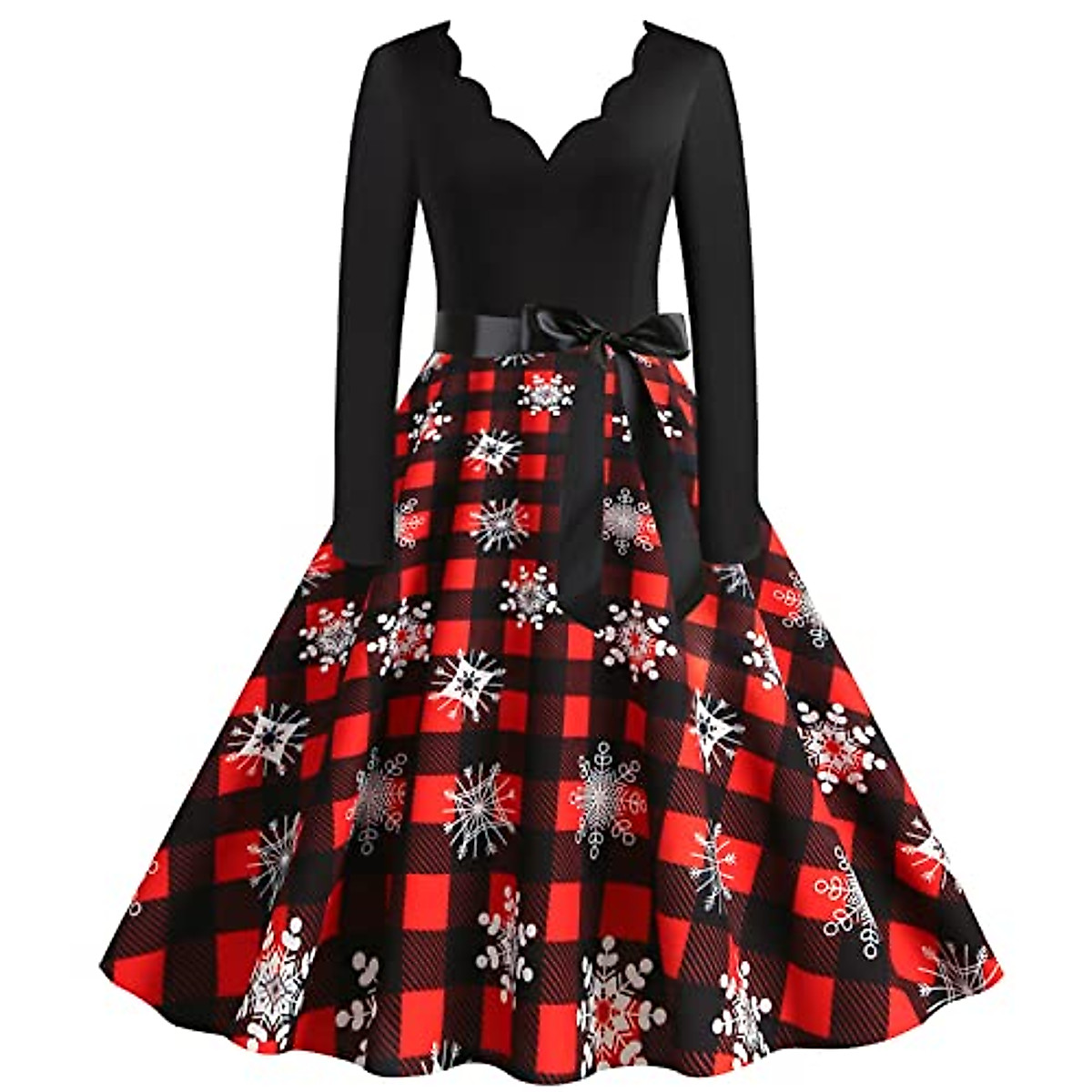 Christmas Dresses for Women 2023 Vintage Evening Dresses Sexy Long Sleeve V Neck Plaid Snowflake Print Patchwork Fall Dress with Belt 18-Red