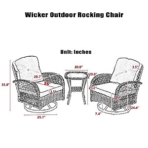 Rocking Chairs for Outside, Wicker Rocking Chairs Set of 2, Patio Rocking Chair with Rattan Table, Rocker Chair Outdoor with Comfortable Cushions, 360° Swivel Rocker Chairs for Yard, Porch, Balcony