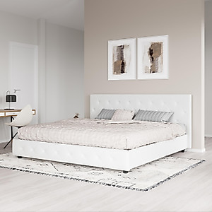 DHP Dakota Upholstered Platform Bed with Diamond Button Tufted Headboard and Footboard, No Box Spring Needed, King, White Faux Leather