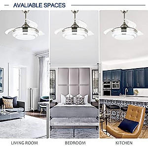 FebFurniture 36" Retractable Ceiling Fan with Lights, Modern Ceiling Fan with Retractable Blades, Silent Motor, 3 Light Color Change, Brushed Nickel
