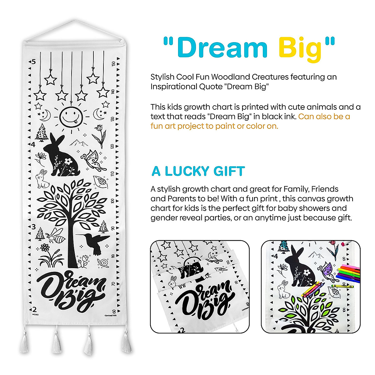 Canvas Growth Chart for Kids for Measuring Height Against The Wall Unique Gift Ideas, Gender Neutral Measure Toddler’s Growth for Boys and Girls Strong Fabric Height Ruler