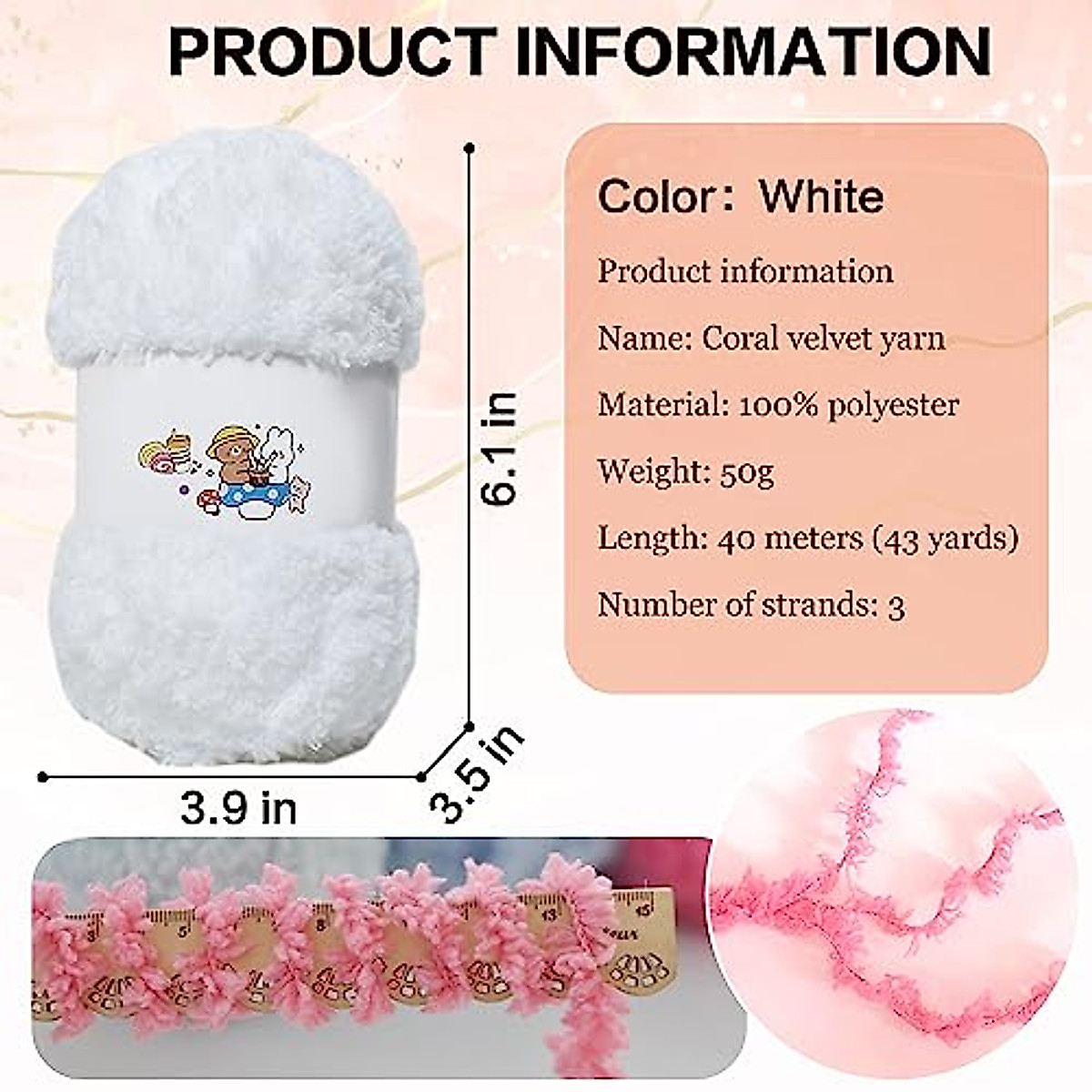 3 PCS 150g Soft Coral Velvet Yarn Chenille Yarn for Crocheting,Fluffy Yarn for Knitting and Croche DIY Craft,Warm Yarn for Bag Hat Scarve Clothe Gloves Slippers Doll(White)