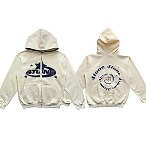 Women 's Vintage Graphic Star Letter Print Zip Up Hoodies Y2K Gothic Oversized Sweatshirts Aesthetic Jackets Streetwear (A-White, M)