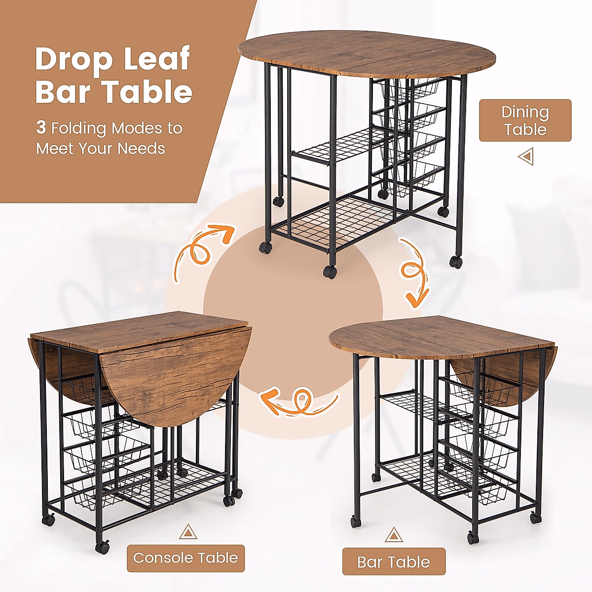 COSTWAY 3 Piece Dining Table & Chair Set, Versatile Collapsible Table with 2 Storage Shelves & 4 Pull-Out Baskets, Drop Leaf Table with 2 Folding Stools for Kitchen, Dining Room, Rustic Brown