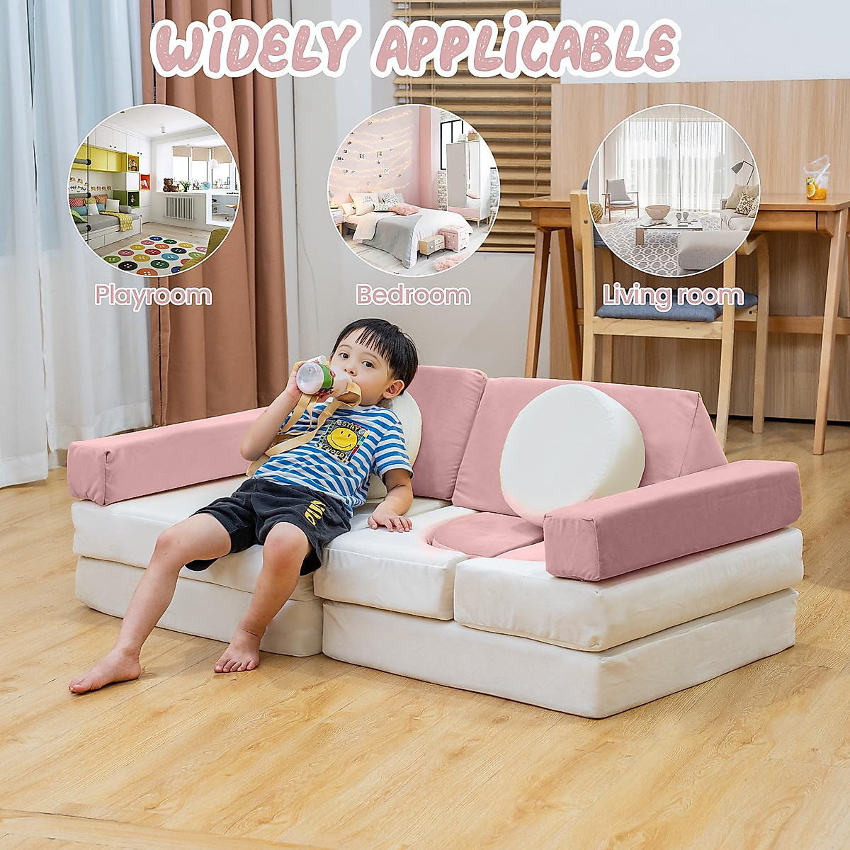 Stmoze 13PCS Modular Kids Play Couch, Kids Couch with Washable Velvet Cover, Modular Couch for Boys and Girls, Convertible Foam and Floor Cushion for Nursery Playroom, Pink & Beige