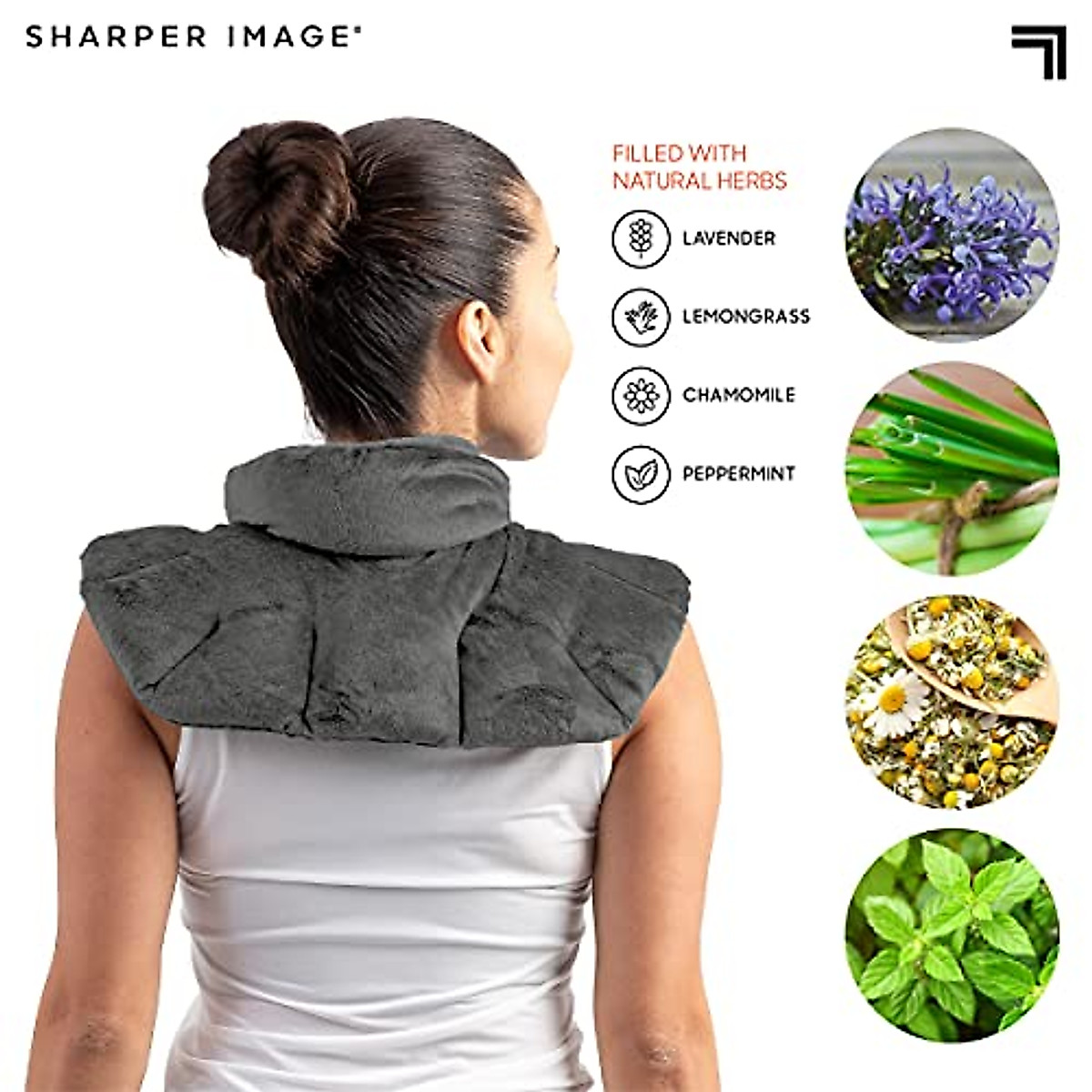 SHARPER IMAGE Warm & Cooling Herbal Aromatherapy Neck & Shoulder Plush Wrap Pad for Soothing Muscle Pain and Tension Relief Therapy, 100% Natural Lavender & Herb Spa Blend, Holiday Gift