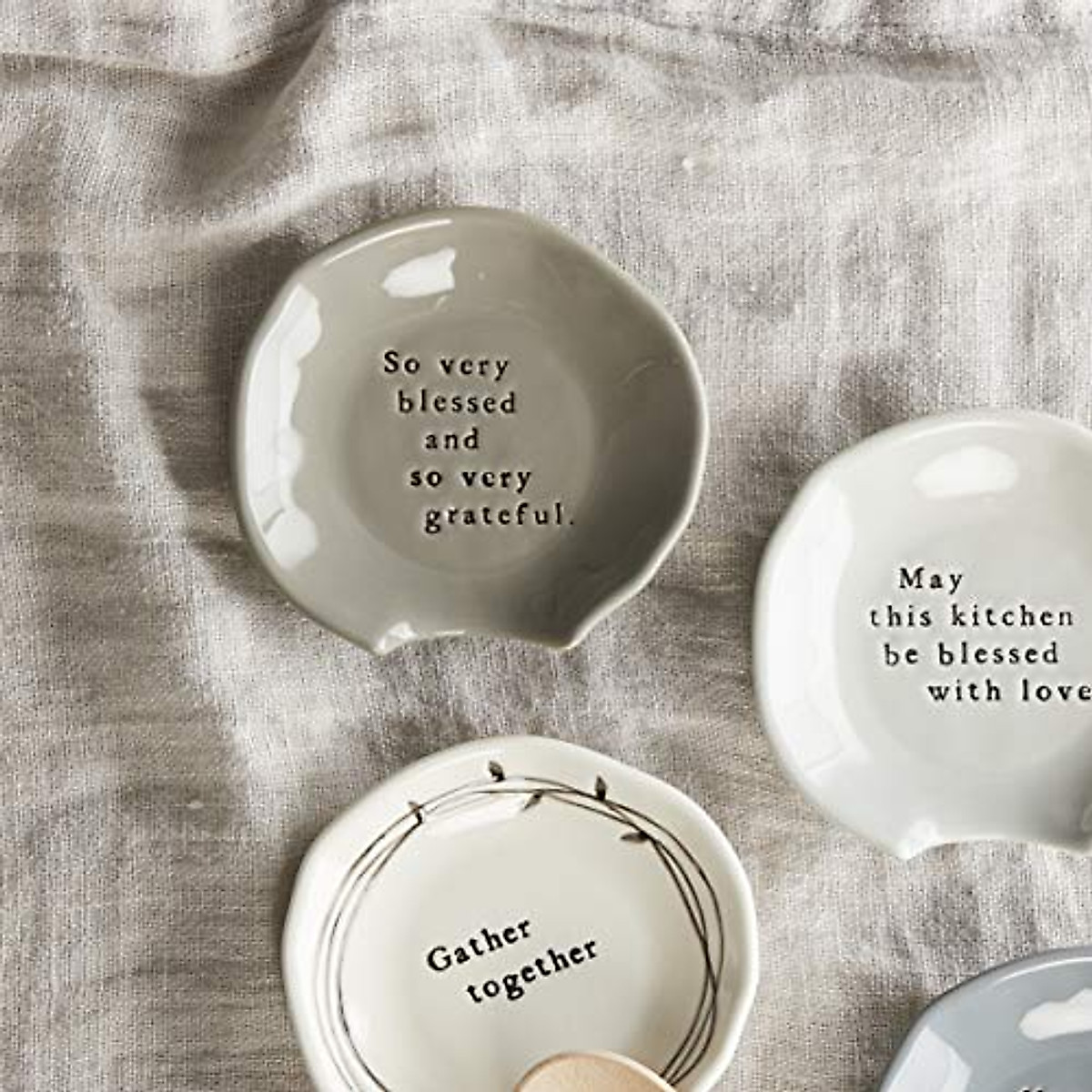 DEMDACO So Very Blessed and So Very Grateful Dove Grey 4.5 x 4 Glossy Ceramic Stoneware Wobbly Round Spoon Rest