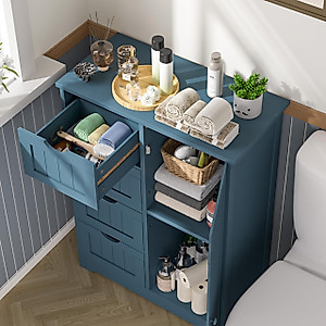 VEIKOU Bathroom Storage Cabinet with 4 Drawers, Freestanding Small Bathroom Cabinet w/Removable Shelf & Anti-Topping Design, Living Room Organizer Cabinet, Dark Teal