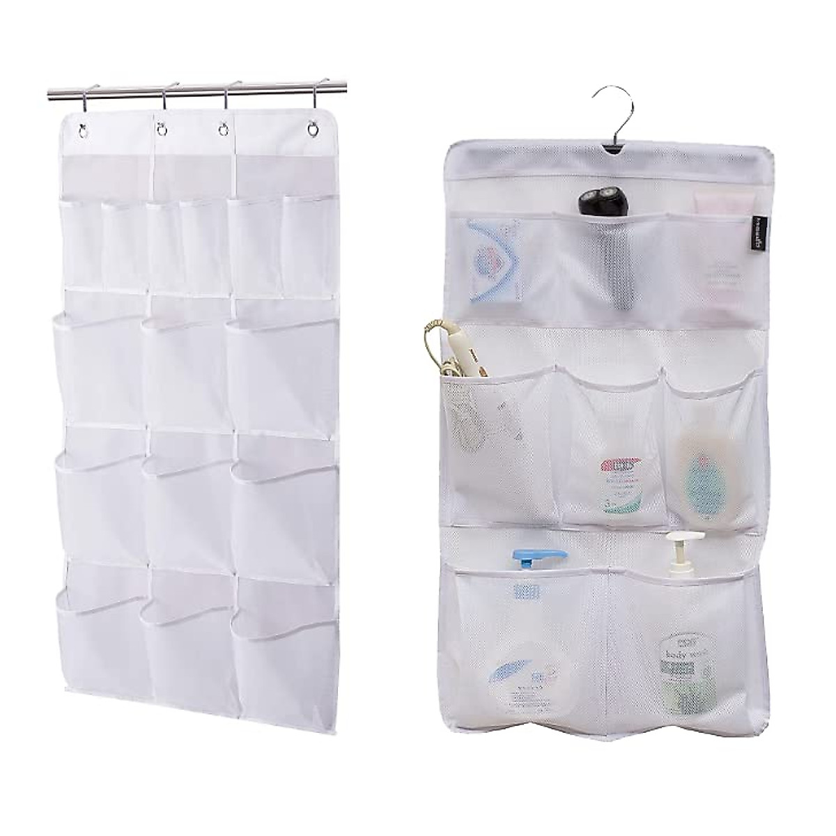 MISSLO Mesh Shower Organizer Hanging 15 Pockets Over the Door Bathroom Storage + 8 Pockets Mesh Shower Organizer