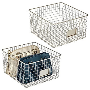 mDesign Wide Metal Farmhouse Storage Organizer Bin Baskets with Label Slot for Closet, Cabinet, Cupboard - Wire Organizing Basket Holds Clothing, Linens, Shoes, Omaha Collection, 2 Pack, Satin