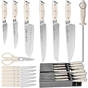 ROMANTICIST 16-Piece German Stainless Steel Sturdy Durable Kitchen Knives, Razor Sharp,Knife Set with Block,Cutting Board and Knife Sharpner, White