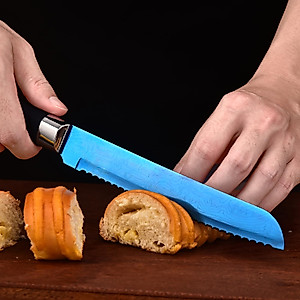 Knife Set, Kitchen Non Stick Knives Set with Block Thick Blade Cutlery Knife Block Sets with Sharpener 6pcs Steak Knife Shears Chef Sharp Quality Aluminum Alloy Block Blue Handle and Blade