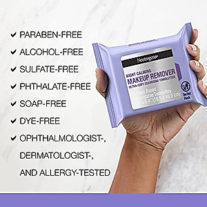 Neutrogena Night Calming Cleansing Makeup Remover Face Wipes, Nighttime Facial Wipes to Remove Dirt & makeup, Leaves Skin Feeling Calm, Alcohol-Free, 100% Plant Based Cloth, 25 ct, Twin Pack