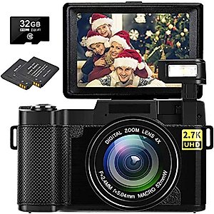 Digital Camera Vlogging Camera Full HD 2.7K 30MP Vlog Camera for YouTube Compact Digital Cameras with 32G Memory Card and 2 Batteries（Fixed Focus）