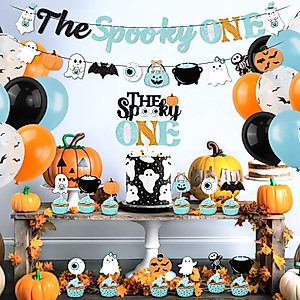 K KUMEED Halloween 1st Birthday Party Decorations,The Spooky One Banner Cute Ghost Eyeballs Pumpkin Cake Topper and Latex Balloons for Halloween First Birthday Boys Halloween Birthday Party Supplies