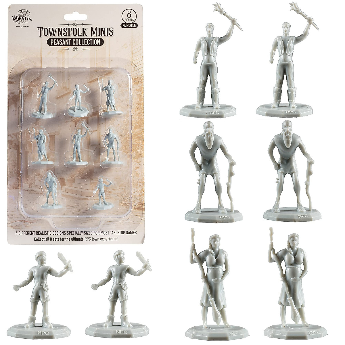 Monster Townsfolk Mini Fantasy Figures - 8pc Peasant Non Player Character NPC Miniatures - 1" Hex-Sized Compatible with DND Dungeons and Dragons, Pathfinder and All RPG Tabletop Games