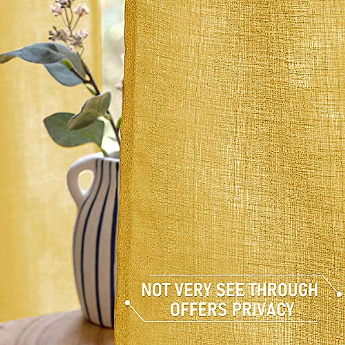 MIULEE Gold Faux Linen Textured Semi Sheer Curtains 2 Panels for Living Room Bedroom Light Filtering Thick Linen Privacy Window Curtains Golden Mustard Yellow Grommet Voile Drapes W 52 x L 72 inches