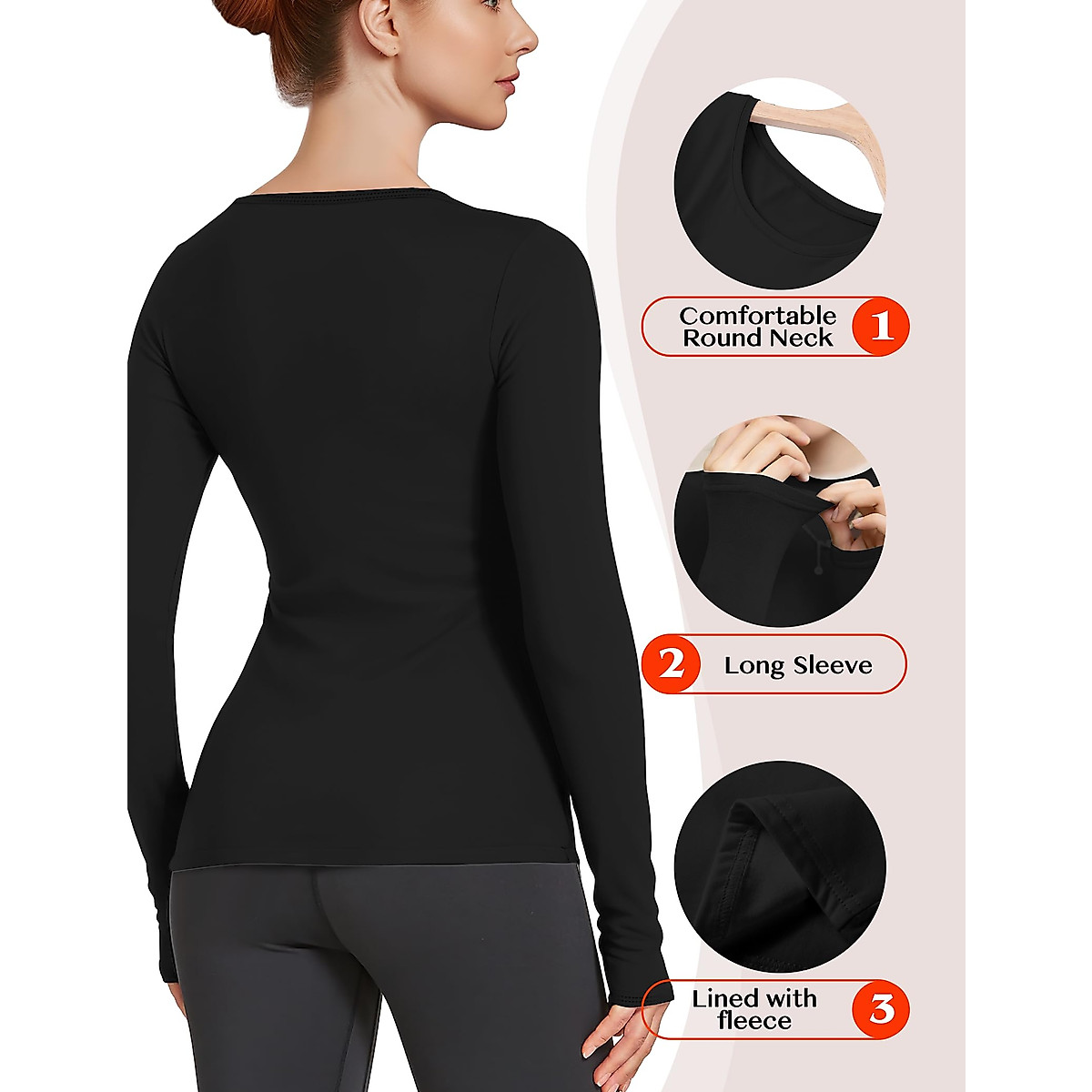 Women's Long Sleeve Thermal Underwear Lightweight Compression Baselayer Shirt Women Clothing Premium Comfort Winter Tops Black
