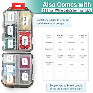 1 Pack Travel Pill Organizer w Labels & 1 Drawstring Pouch, Small 10 Compartments Pocket Pharmacy, Handy Pill Holder Box - Portable Medicine Container Case - Daily Weekly Medication Organizer - Grey