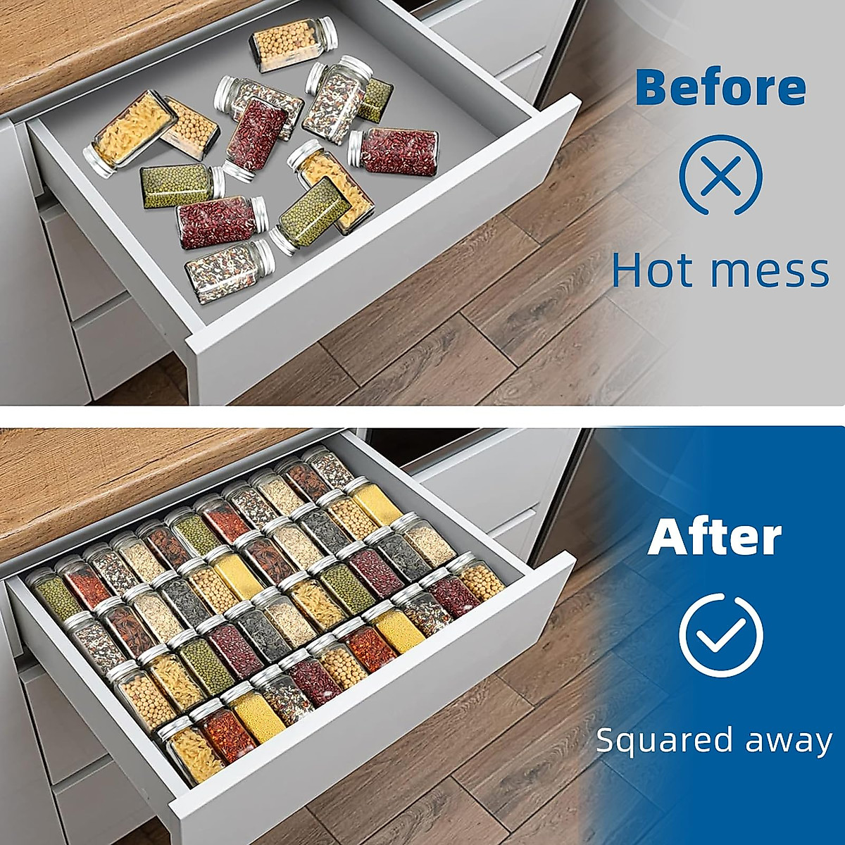 VANGAY Spice Drawer Organizer, Spice Rack Drawer for Kitchen, 4 Tier Acrylic Drawer Spice Organizer for Jars and Packets, Adjustable Storage Salt, Seasoning etc Pack 8 Clear