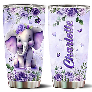 WONWIX Personalized Elephant Tumbler Customized Name Elephants Mug Gift Mugs Funny Gifts For Adults Purple Flowers Cups 20oz Insulated Stainless Steel Coffee Cup With Lid