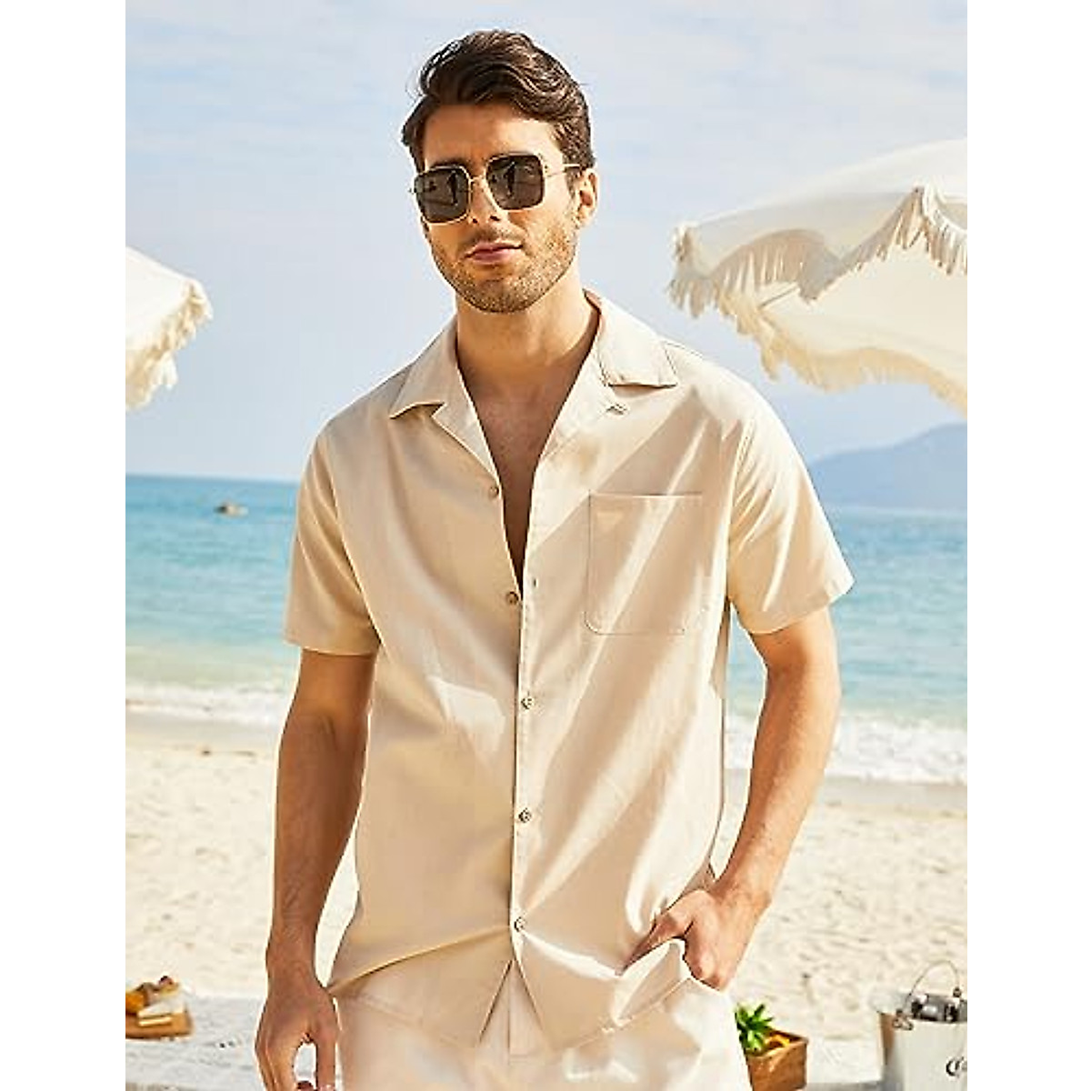 COOFANDY Men Beach Linen Shirts Boho Hippie Shirts Summer Cotton Tops Big and Tall A- Khaki