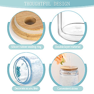 YOUKE OLA 8 Pack Pre Drilled Beer Glass Can Shaped Double Wall Glass Cans Blank with Bamboo Lid & Straws, Glass Cups for Snow Globe Glitter (Clear 12oz)