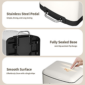 MRBIN Small Bathroom Trash Can with Lid, Metal Step Waste Basket Touchless Soft Close, 6L / 1.6gal Rectangle Garbage Bucket with Stainless Steel Pedal for Kitchen, Office, Bedroom Accessories, White