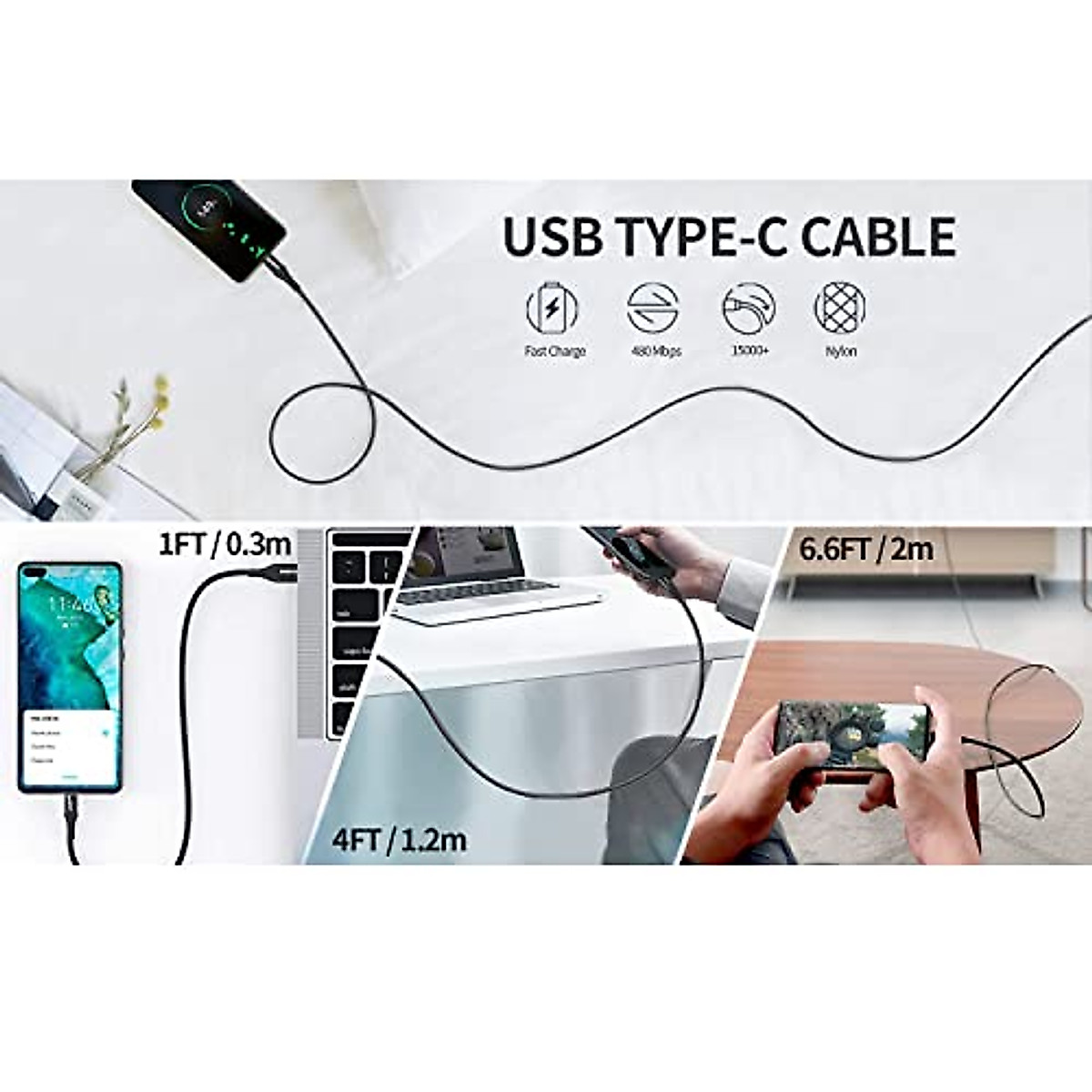Amaitree USB C Cable, 60W 5Pack(1+4+4+6.6+6.6Ft) 3A Fast Charging Quick Charger Cable, USB Type C 2.0 Cable, Compatible Samsung Galaxy S10/S9/S8 Plus/Note 10/9/8,LG V50/V40/G8/G7 - Black