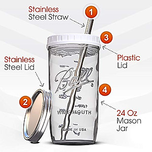 Reusable Wide Mouth Smoothie Cups Boba Tea Cups Bubble Tea Cups with Lids and Silver Straws Mason Jars Glass Cups (2-pack, 24 oz mason jars)