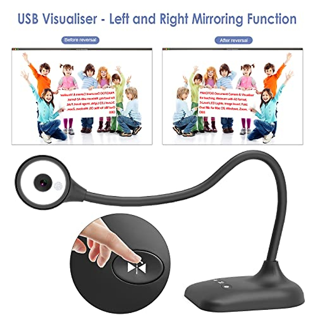 PAKOTOO USB Document Camera for Teachers, Webcam/Doc Camera for Classroom with A3 Format, 3-Level LED Lights, Image Invert, Fold, Dual mic for Mac OS, Windows, Zoom, OBS Work with Distance Learning