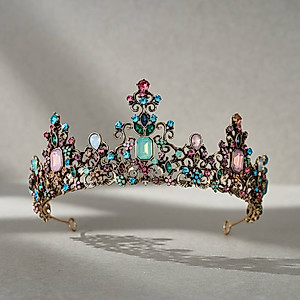 SWEETV Queen Crown for Women - Baroque Wedding Tiaras and Crowns, Jeweled Costume Tiara Princess Crown, Prom Birthday Party Headpiece,Old Gold Multicolored