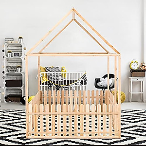 Full Size Single Floor Bed Frame Children's Room with Roof and Fence Wooden Natural Modern Contemporary Nature Wood Finish Handmade