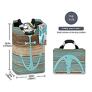 Nautical Anchor Large Laundry Hamper, Wooden Texture Laundry Baskets with Handle, Oxford Storage Basket, Portable Folding Clothes Hamper for Nursery, College Dorm, Bedroon, Bathroom