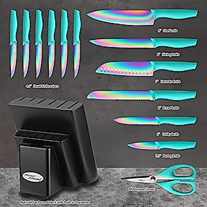 DISHWASHER SAFE Knife Set, Marco Almond®14PC Rainbow Titanium Kitchen Knife Set, KYA27 Knives sets for Kitchen with Block, Teal