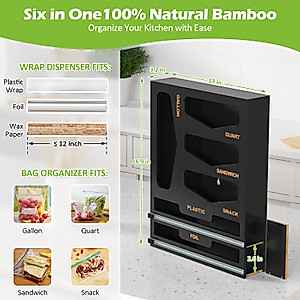 LUYABA 6 in 1 Bag Organizer and Wrap Dispenser with Magnetic Lid - Plastic Wrap Dispenser with Cutter for Kitchen Drawer, Storage for Gallon, Quart, Sandwich, Snack Bags, and Foil Black