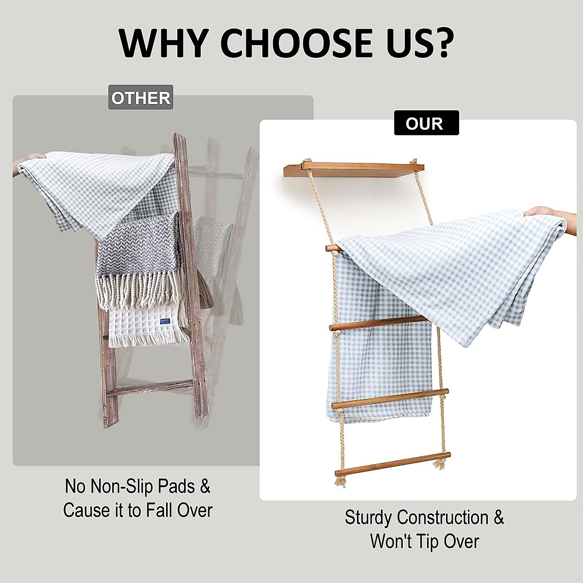 Gomyrod 5-Layer Wooden Blanket Ladder, 2-in-1 Towel Racks Blanket Quilt Towel Holder Rack Decorative Ladder, Storage Ladder Quilt Rack Blanket Holder, Ladder Shelves for Bathroom,Living Room,Bedroom