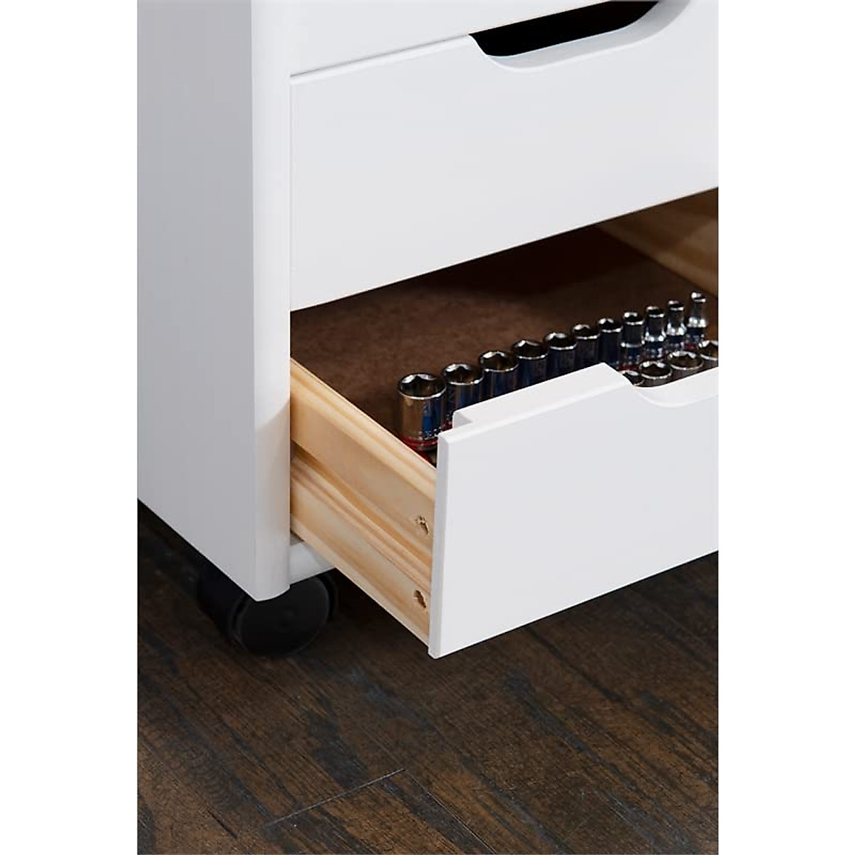 Linon Callie Multipurpose Six Drawer Wide Wood Rolling Storage Cart with Casters in White Wash