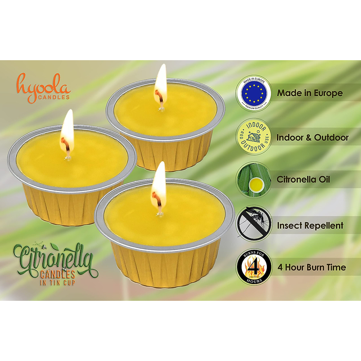 Hyoola Citronella Candles in Aluminum Cup - 6 Pack - Scented Candles Citronella - 4 Hour Burn Time - 1" x 2 Citronella Candle Outdoor and Indoor Use - Made in Europe