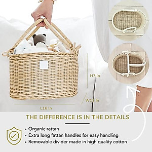 BEBE BASK Baby Diaper Caddy Organizer in Organic Rattan w Removable Divider - Luxury Wicker Diaper Caddy Basket Makes The Perfect Cute Diaper Caddy for Baby Girl & Diaper Caddy for Baby Boy